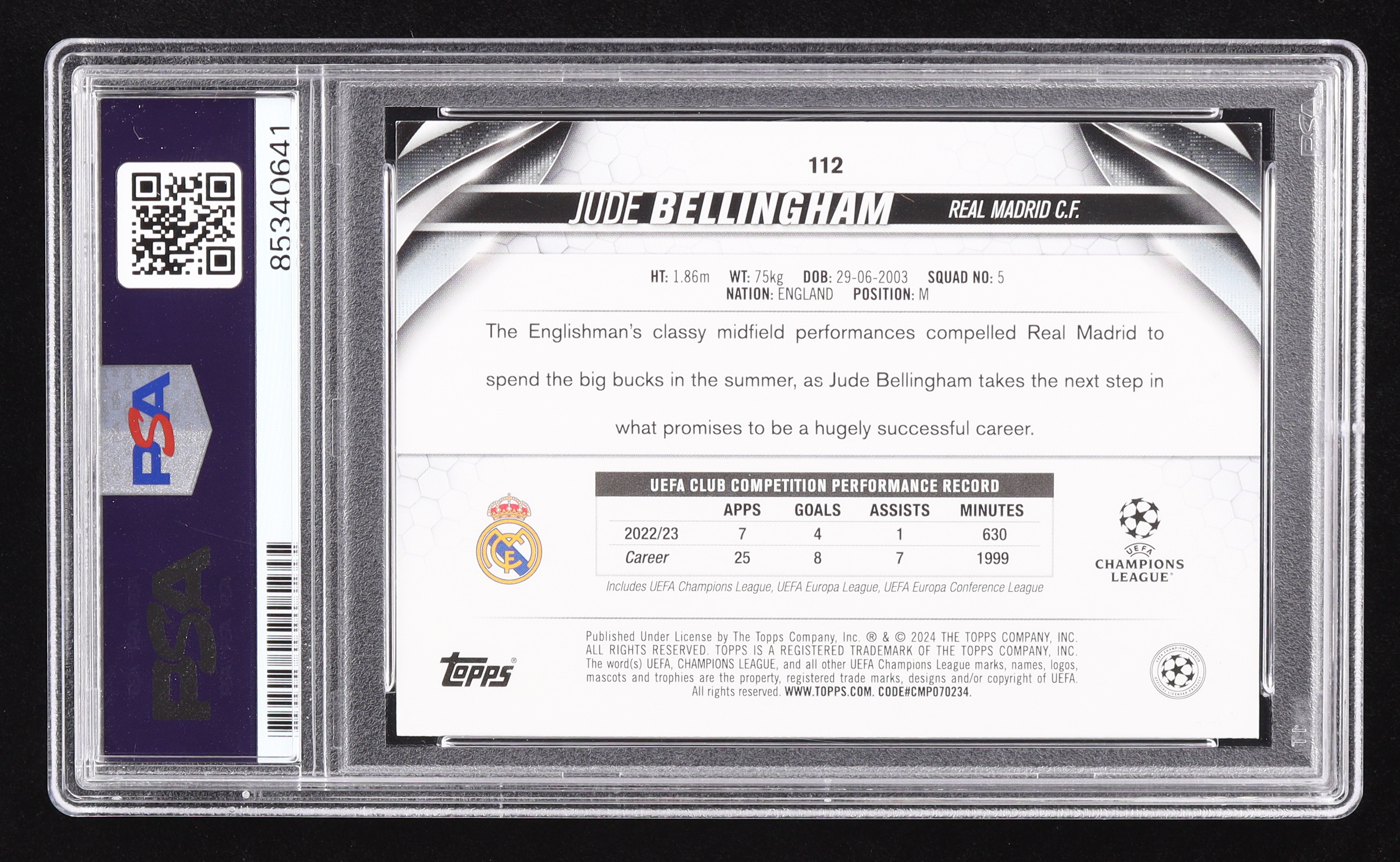 Jude Bellingham Signed 2023-24 Topps UEFA Club Competitions #112 (PSA ...