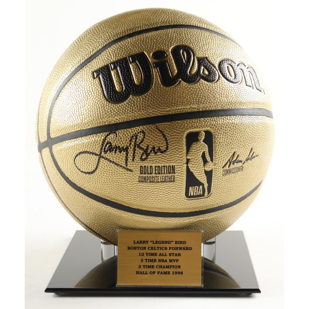 Larry Bird Signed NBA Gold Edition Basketball With Stat Plaque Stand ...