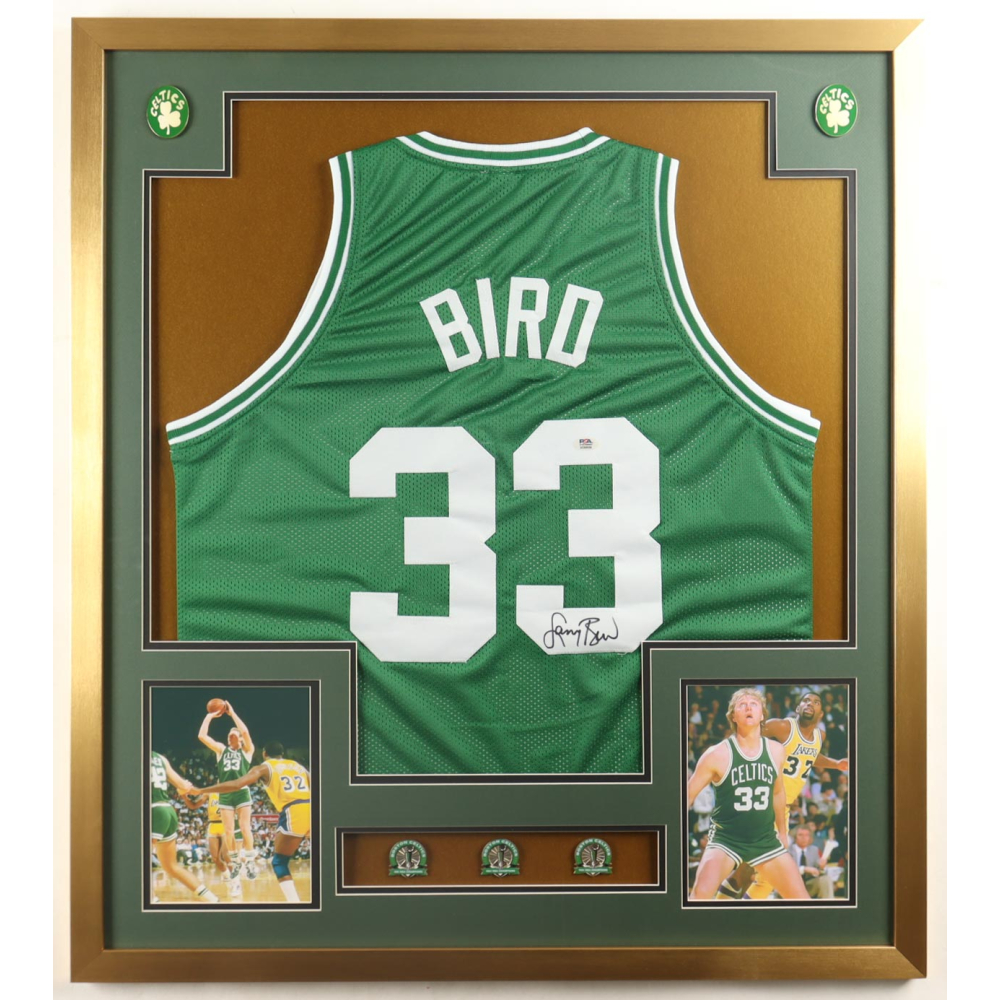 Larry Bird Signed Custom Framed Jersey Display with (2) Cloth Logo ...