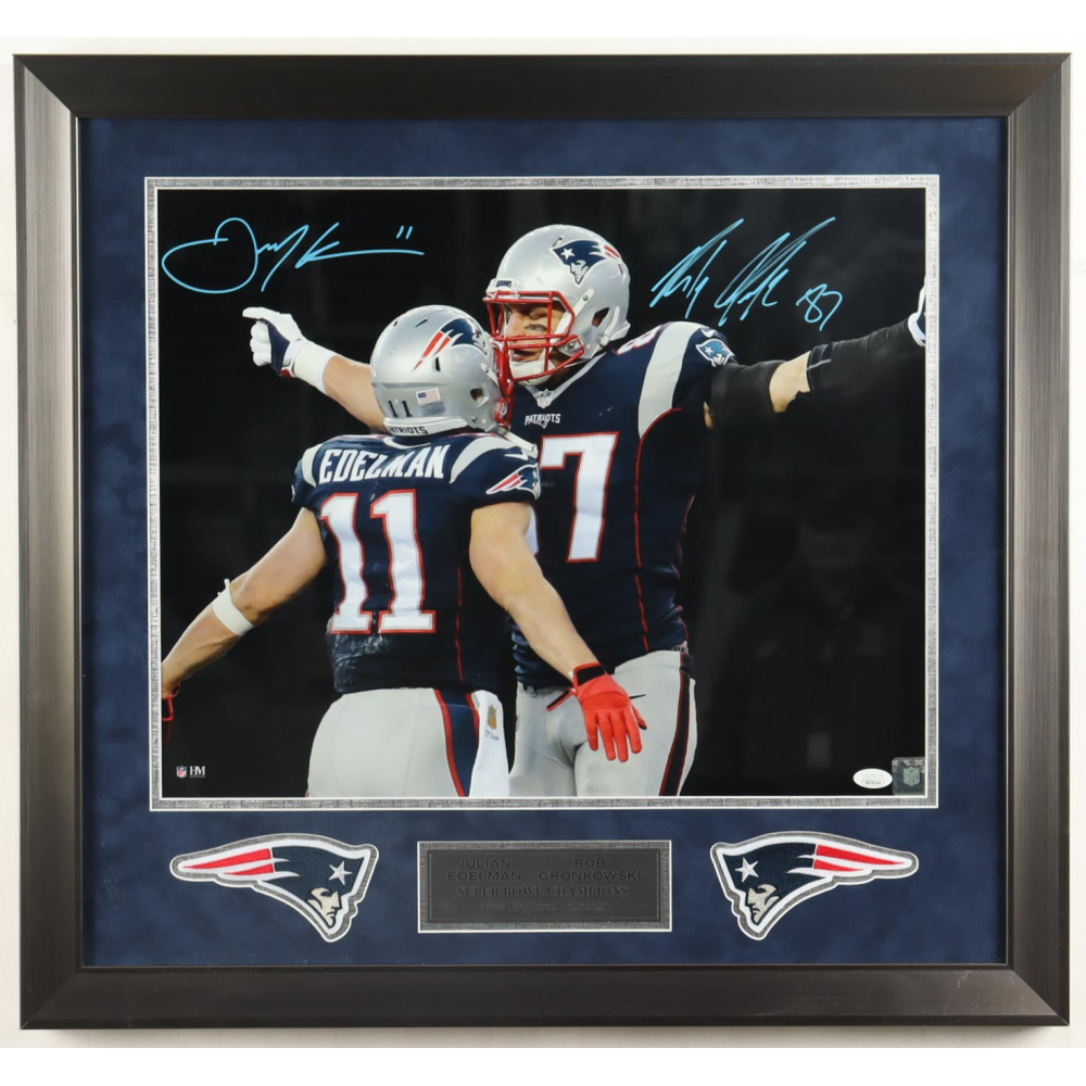 Julian Edelman Signed Patriots 26x24 Custom Framed Photo Display With (2) Cloth Team Logo ...