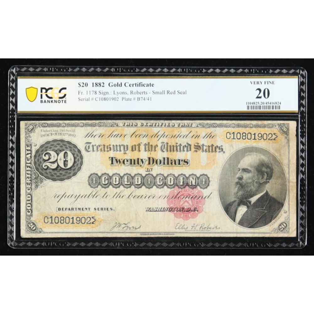 1882 $20 Gold Certificate Note, Small Red Seal, Lyons / Roberts, Fr ...