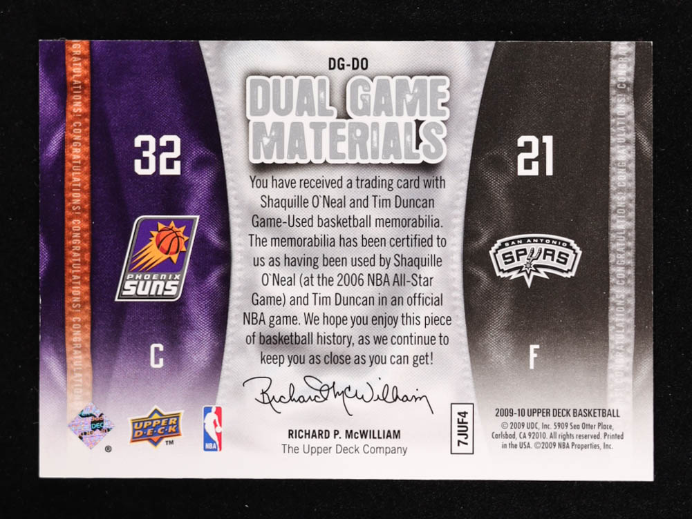 Shaquille O'Neal / Tim Duncan 2009-10 Upper Deck Game Materials Dual # ...