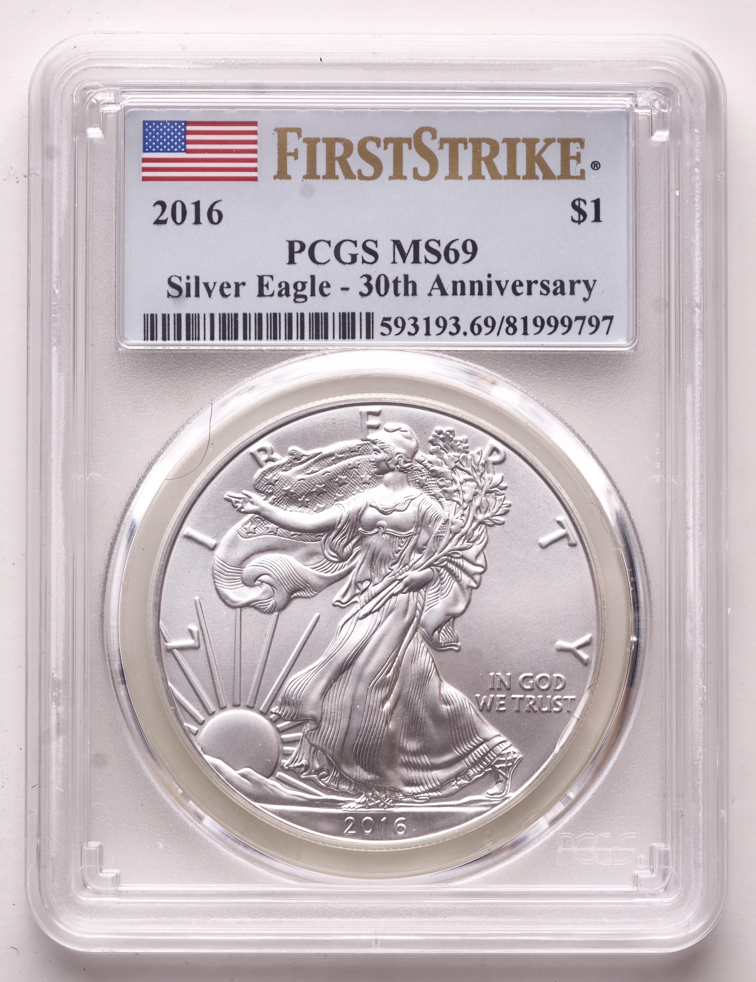 2016 American Silver Eagle $1 One Dollar Coin - First Strike, 30th Anniversary (PCGS MS69 ...