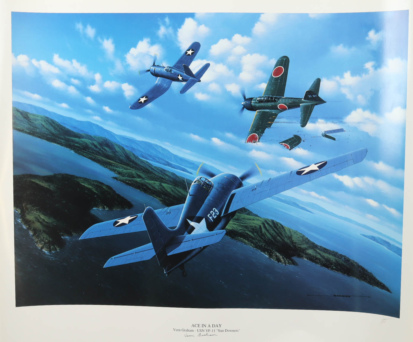 Vern Graham Signed "Ace in a Day" Stan Stokes Lithograph WWII Navy Ace ...