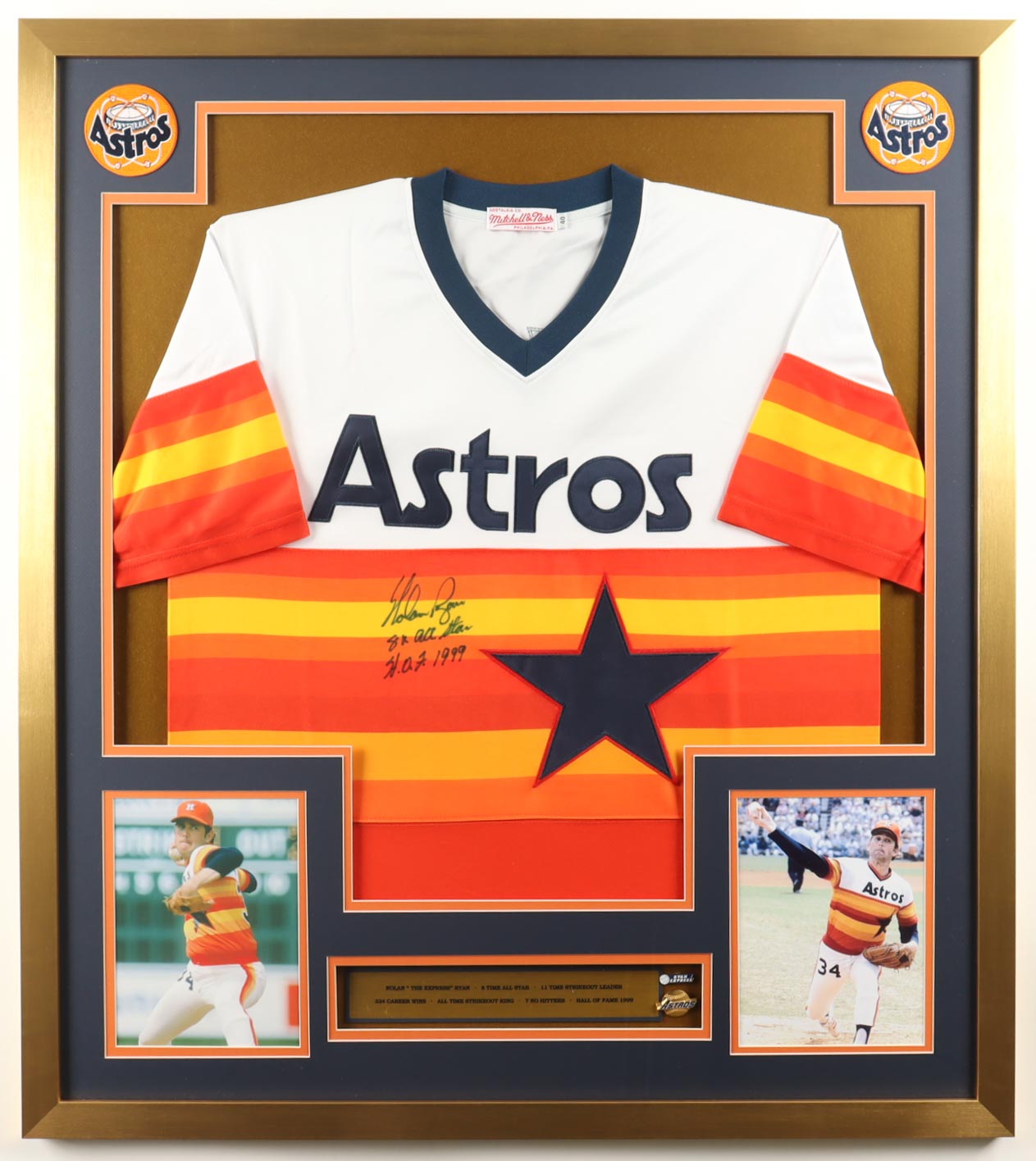Nolan Ryan Signed Custom Framed Mitchell & Ness Jersey Display With (2 ...