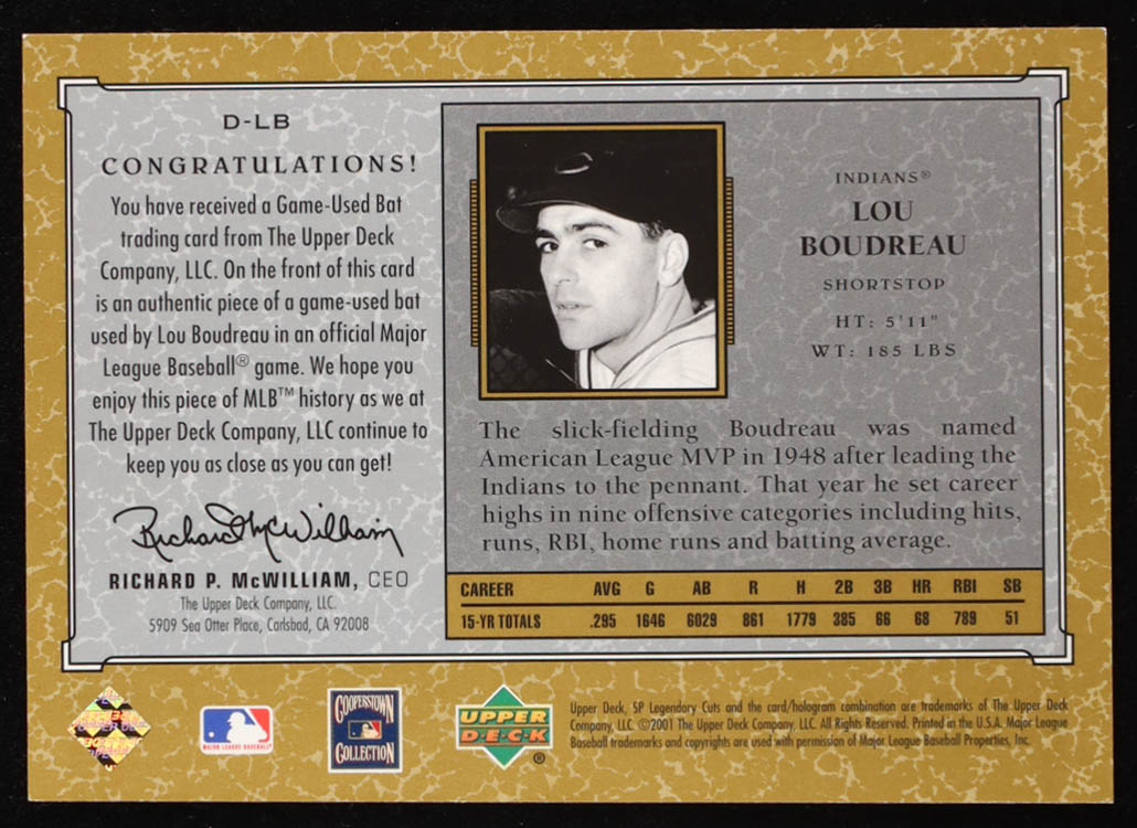 Lou Boudreau 2001 SP Legendary Cuts Debut Game Bat #DLB | Pristine Auction