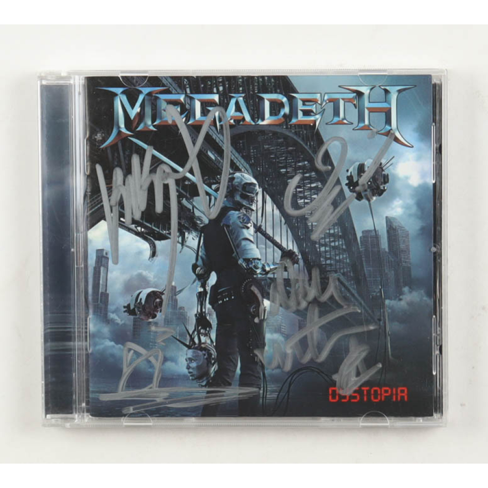 "Dystopia" CD Album Cover Signed by (4) with Dave Mustain, David Ellefson, Dirk Verbeuren & Kiko ...