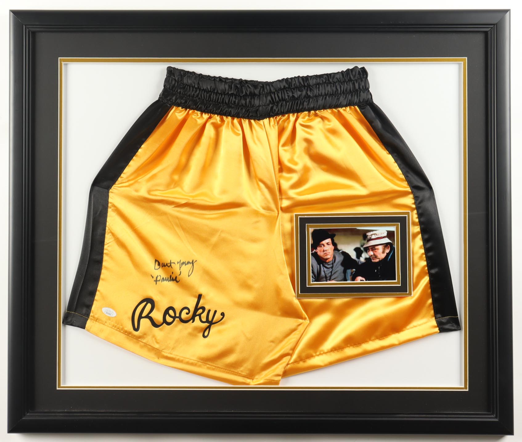 Burt Young Signed "Rocky" Custom Framed Boxing Trunks Inscribed "Paulie ...
