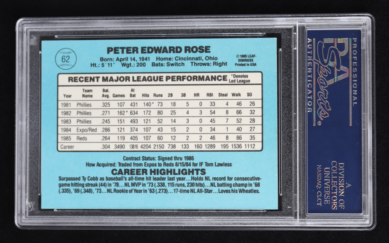 Pete Rose Signed 1986 Donruss #62 (PSA | Autograph Graded PSA 10 ...
