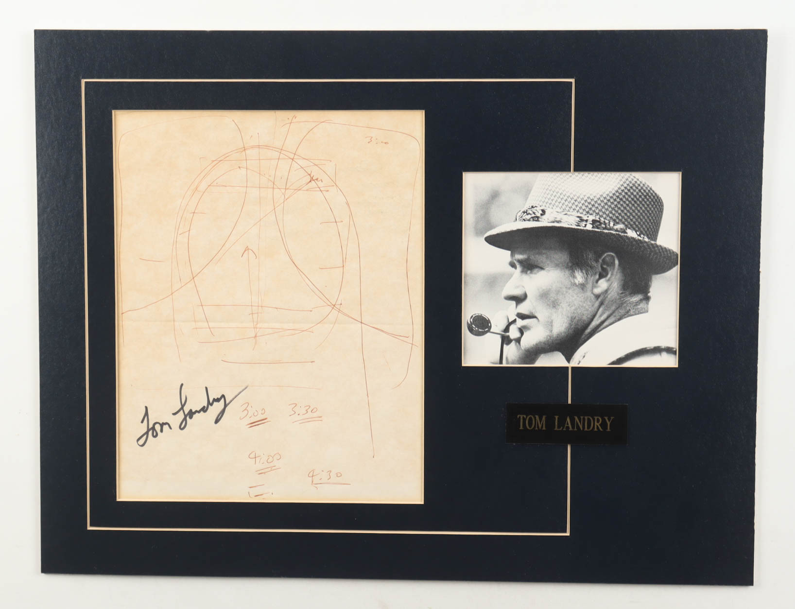 Tom Landry Signed 13.5x18 Custom Matted Display With Hand-Drawn ...