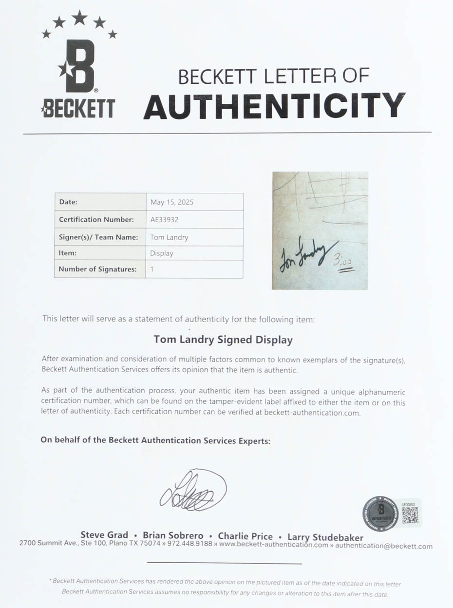 Tom Landry Signed 13.5x18 Custom Matted Display With Hand-Drawn ...