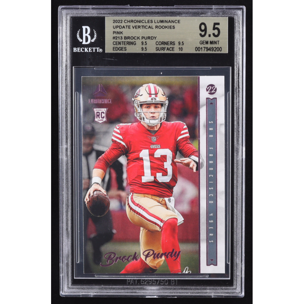 Brock Purdy 2022 Panini Chronicles Luminance Update Vertical Rookies Pink #213 RC (BGS 9.5 ...