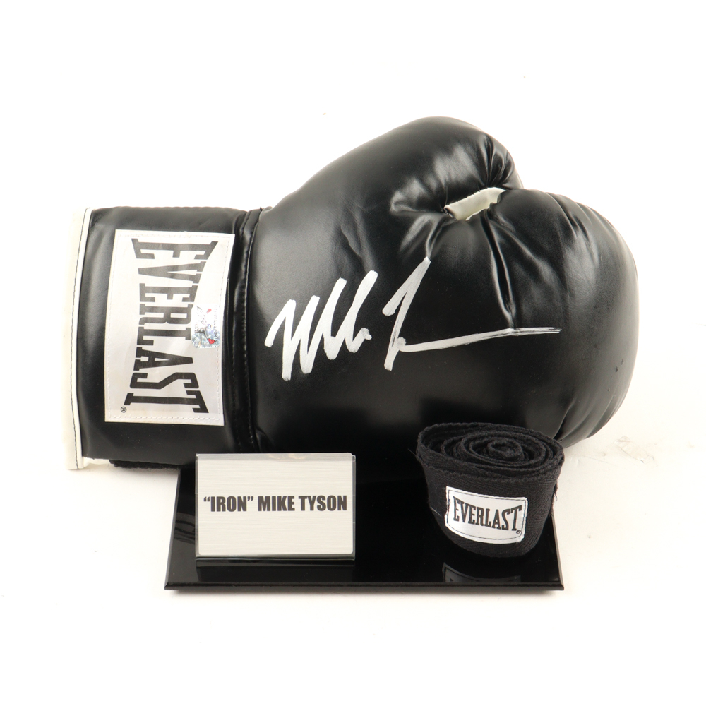 Mike Tyson Signed Everlast Boxing Glove With Name Plaque, Wrist Wraps ...