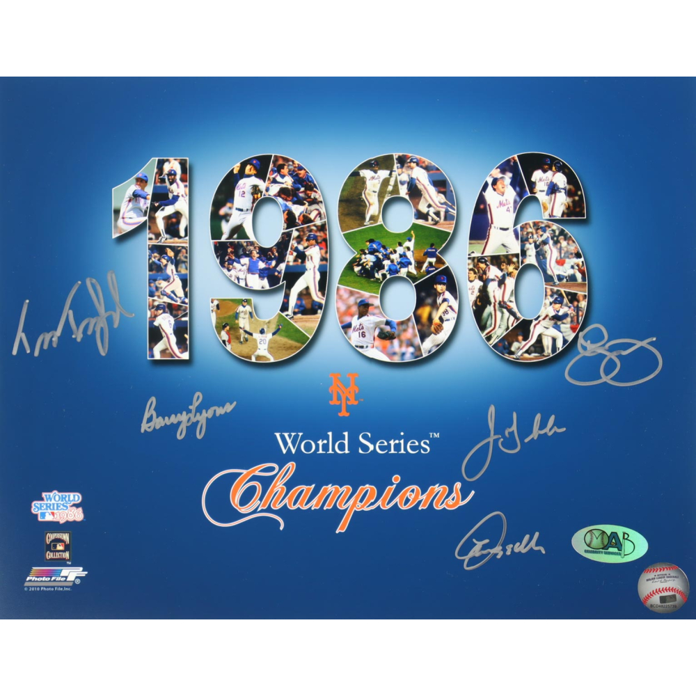 "1986 World Series Champions" Mets 11x14 Signed By (5) With Barry Lyons, Tim Teufel, John ...