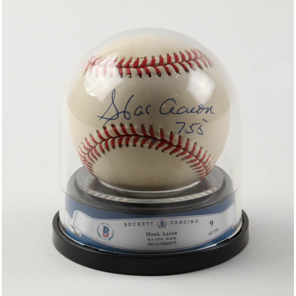 Hank Aaron Signed ONL Baseball with Beckett Display Case Inscribed "755 ...