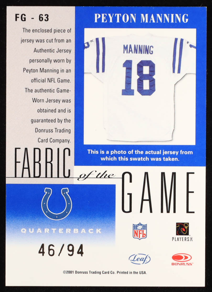 Peyton Manning 2001 Leaf Certified Materials Fabric of the Game #63SN #46/94 | Pristine Auction