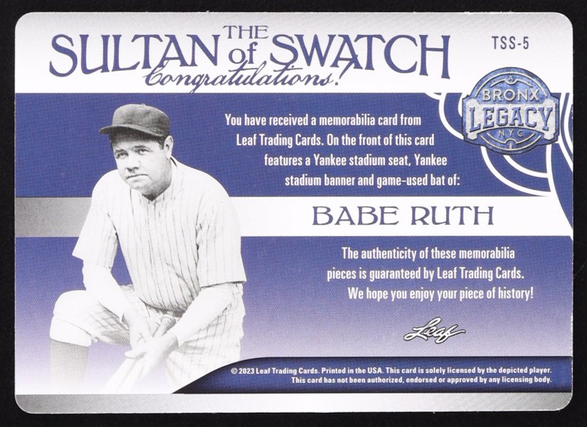 Babe Ruth 2023 Leaf Bronx Legacy The Sultan Of Swatch Printing Plate ...