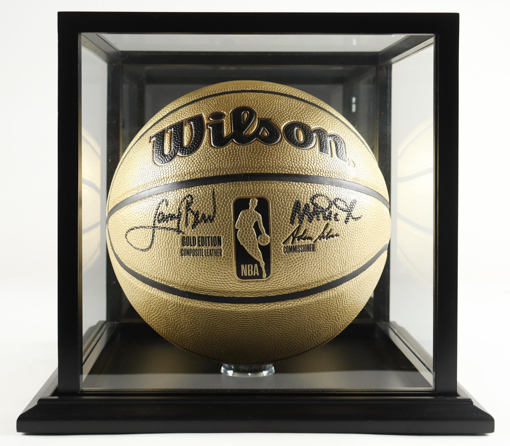 Magic Johnson & Larry Bird Signed NBA Gold Edition Basketball with Display Case (PSA & Beckett ...