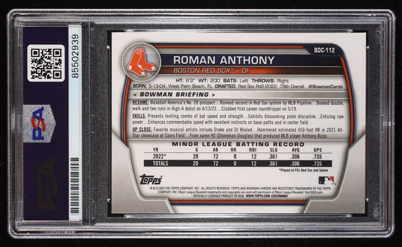 Roman Anthony Signed 2023 Bowman Chrome Draft Sapphire #BDC112 RC (PSA ...