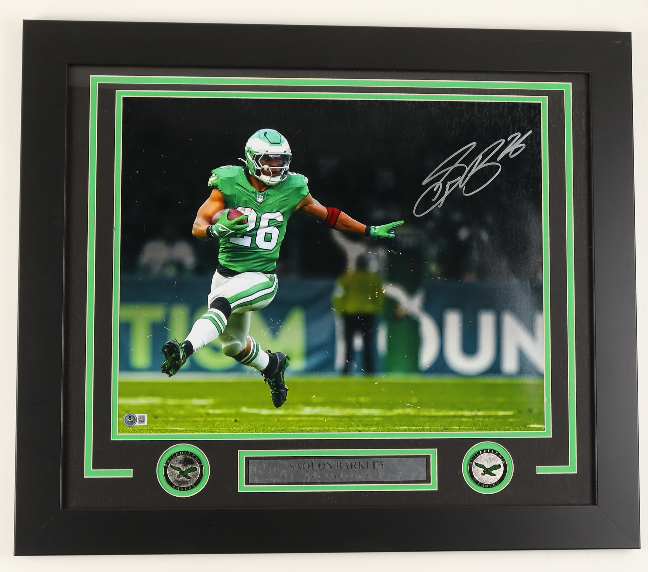 Saquon Barkley Signed Custom Framed Photo Display with (2) Eagles Pins ...