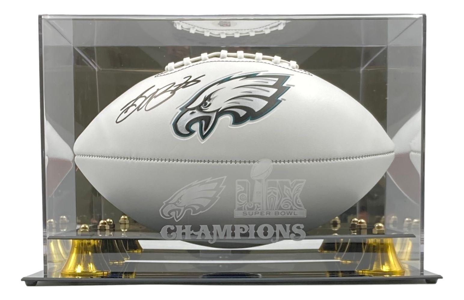 Saquon Barkley Signed Eagles Logo Football with Super Bowl LIX Champions Display Case (PSA ...