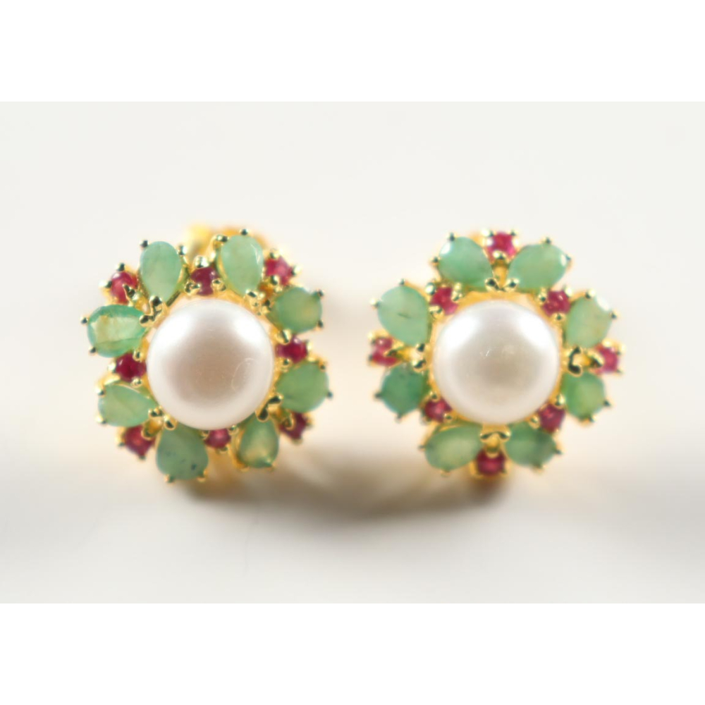 New 2.40 Carats Pair of Emerald, Ruby & Button Pearl Earrings ...