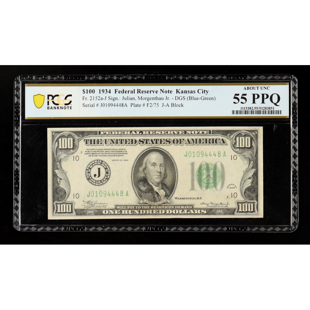 1934 U.S. $100 Federal Reserve Note, Kansas City - Fr. 2152a-J DGS Blue ...