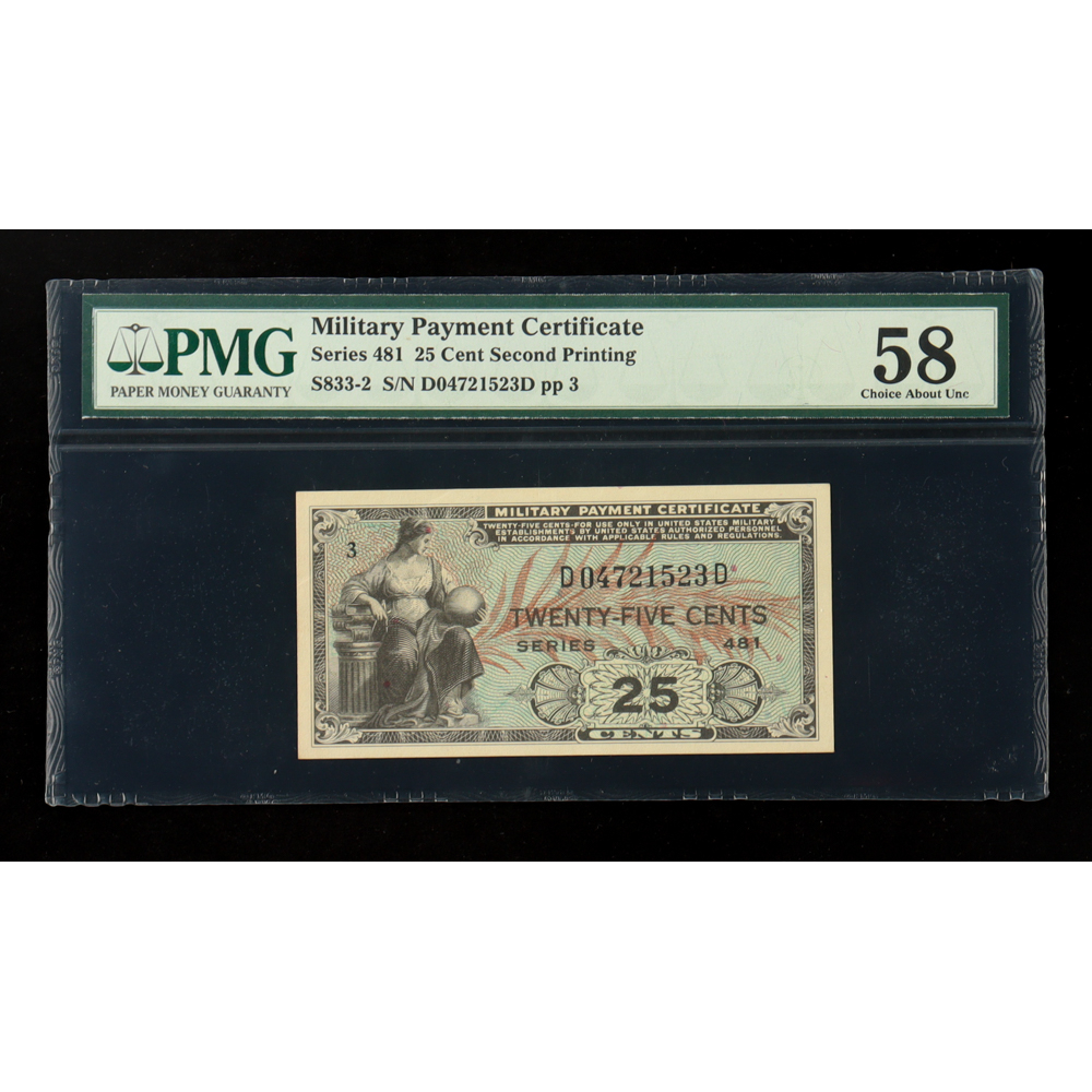 1951-54 U.S. 25¢ Military Payment Certificate - Series 481, 2nd Printing (PMG CHOICE AU58 ...