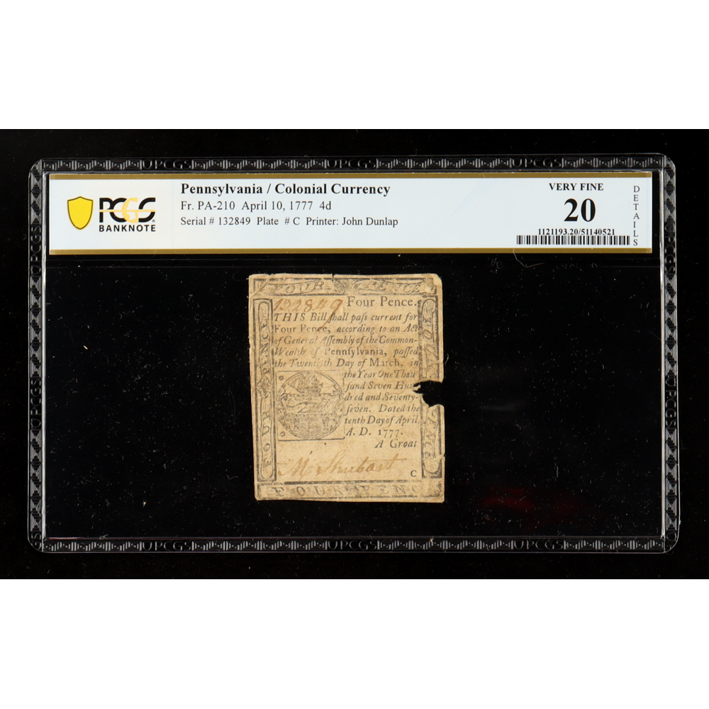 1777 Pennsylvania / Revolutionary War Era Colonial Currency - 4 Pence ...