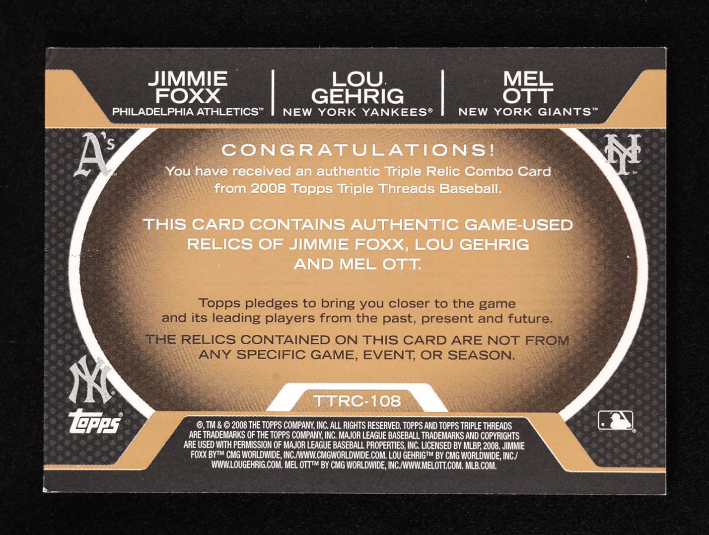 Jimmie Foxx / Lou Gehrig / Mel Ott 2008 Topps Triple Threads Relics ...