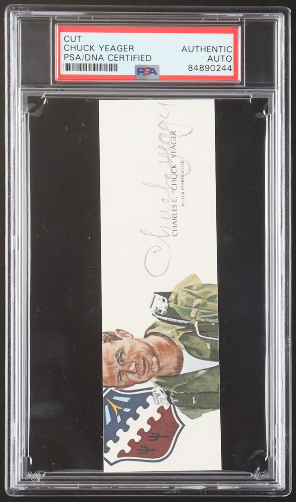 Chuck Yeager Signed 2x5 Cut with Portrait WWII P-51 357th FG (PSA ...