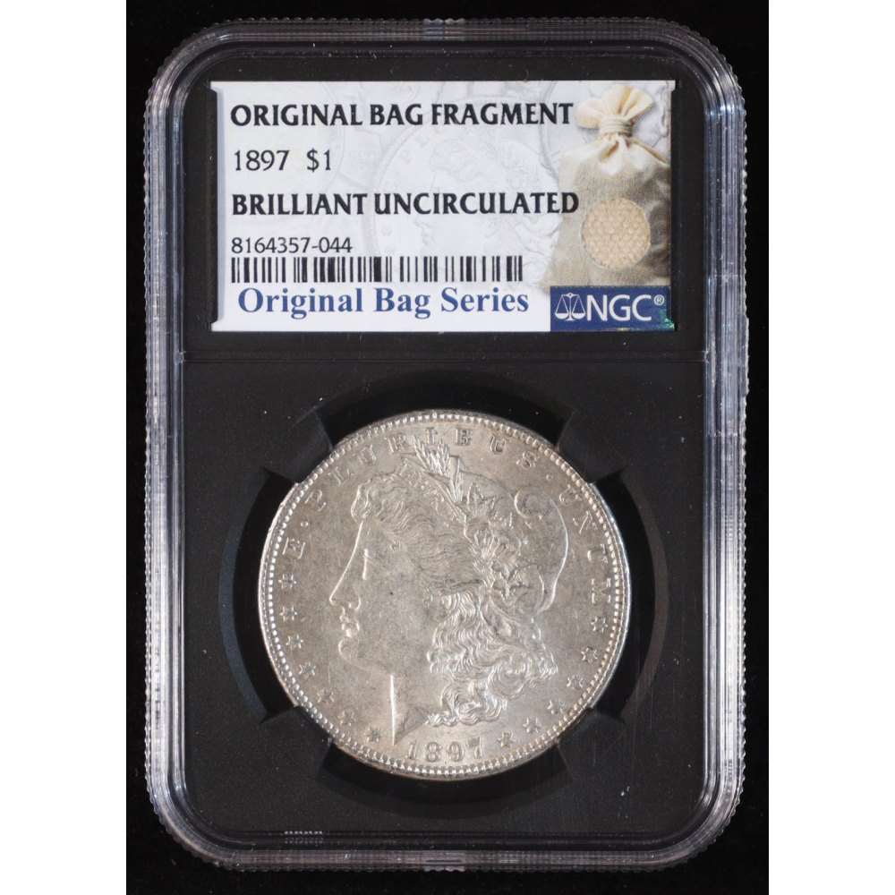 1897 Morgan Silver Dollar Original Bag Fragment - Original Bag Series Label (NGC BRILLIANT ...