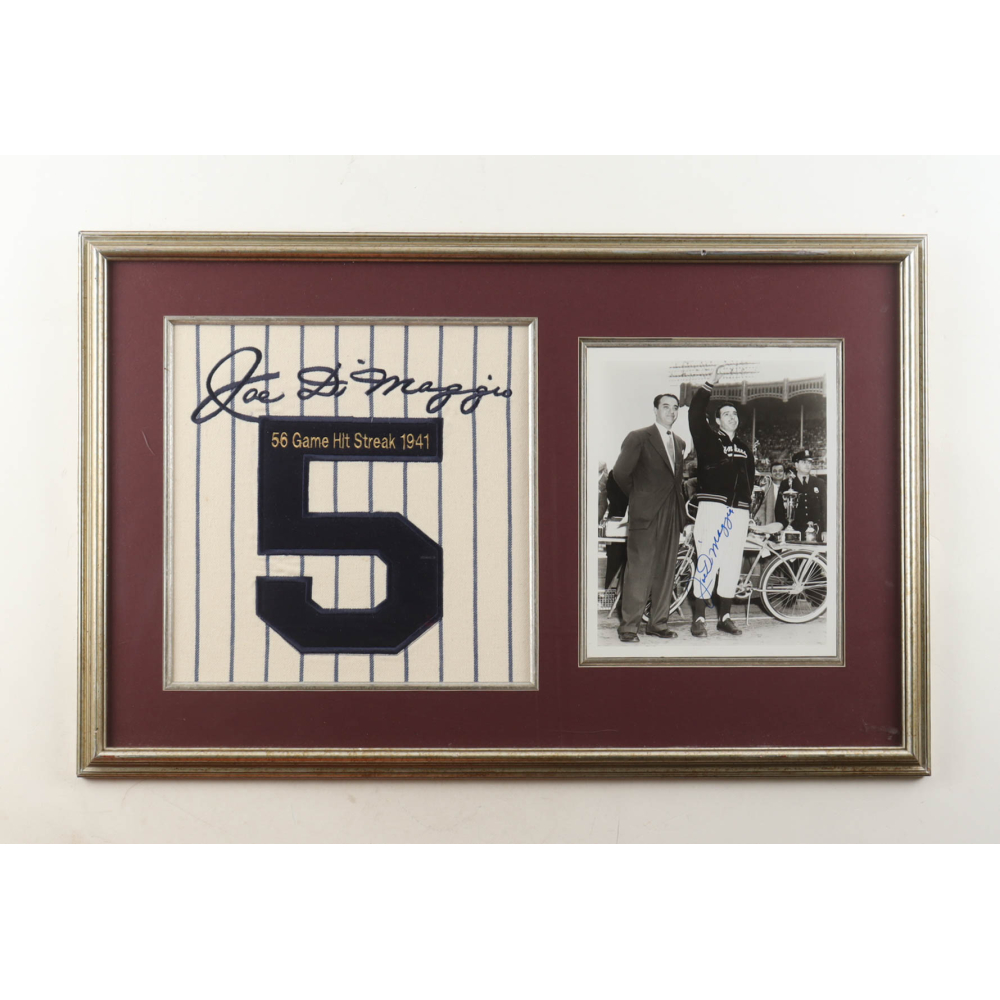 Joe DiMaggio Signed Custom Framed Photo Display with Career Stat Jersey ...