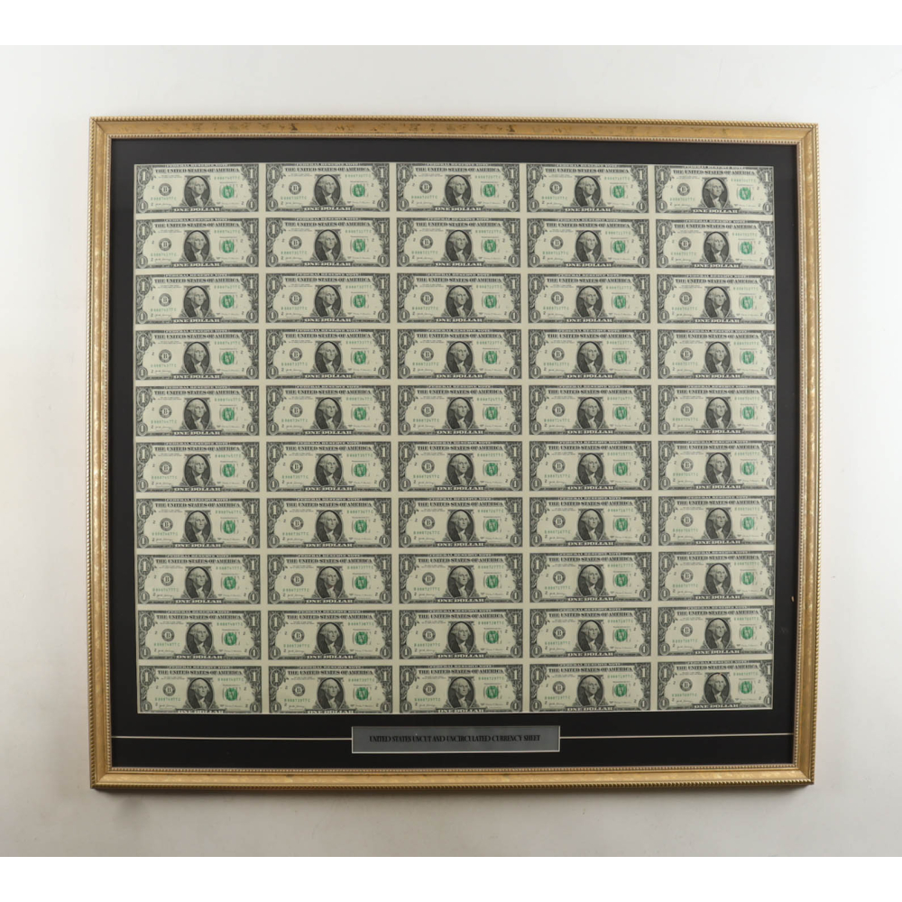 2017 U.S. $1 Dollar Bill Custom Framed Uncut Sheet Of (50) Bills ...