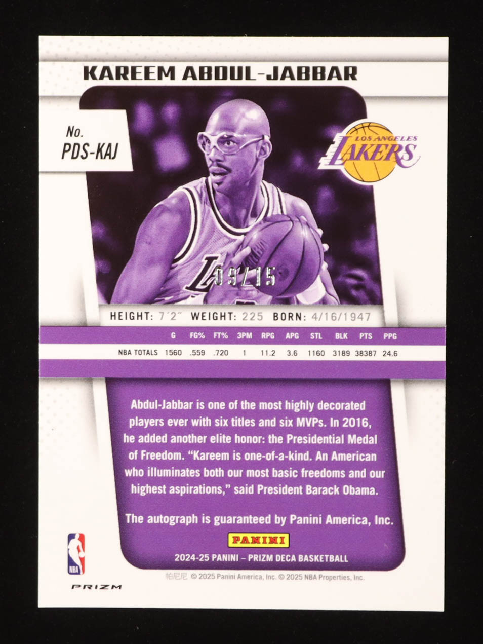 Kareem Abdul-Jabbar 2025 Panini Prizm Deca Signatures Prizms Green Shimmer #PDS-KAJ #09/15 ...