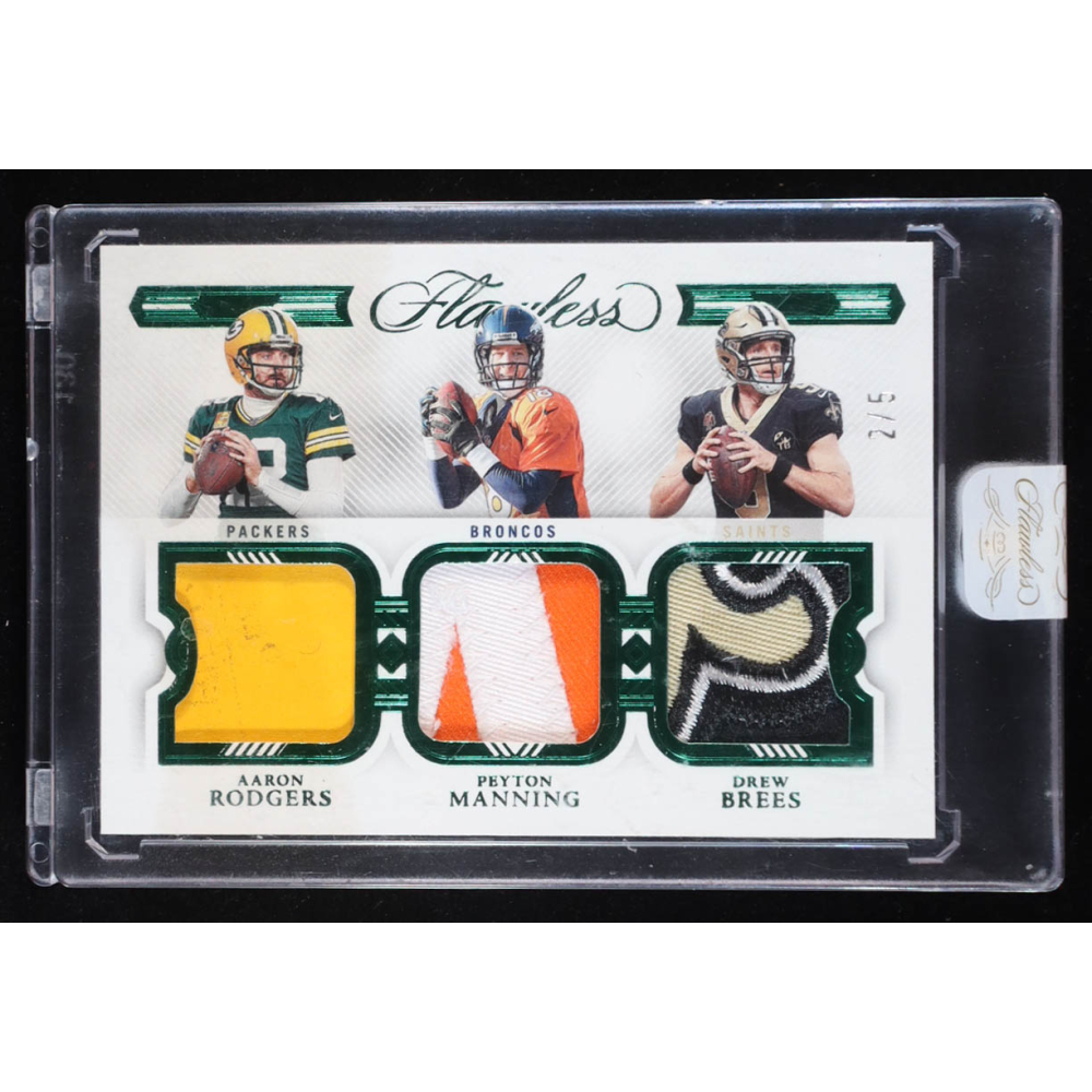 Aaron Rodgers / Drew Brees / Peyton Manning 2022 Panini Flawless Triple Patches Emerald #19 #2/5 ...