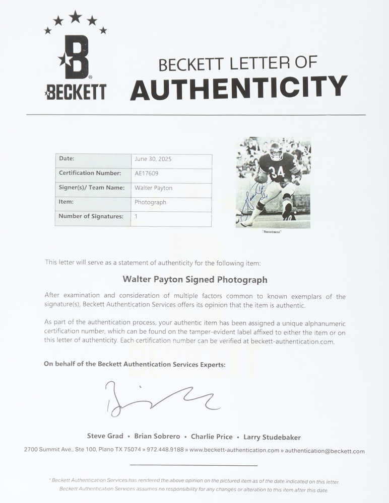 Walter "Sweetness" Payton Signed Bears 8x10 Photo (Beckett) | Pristine ...