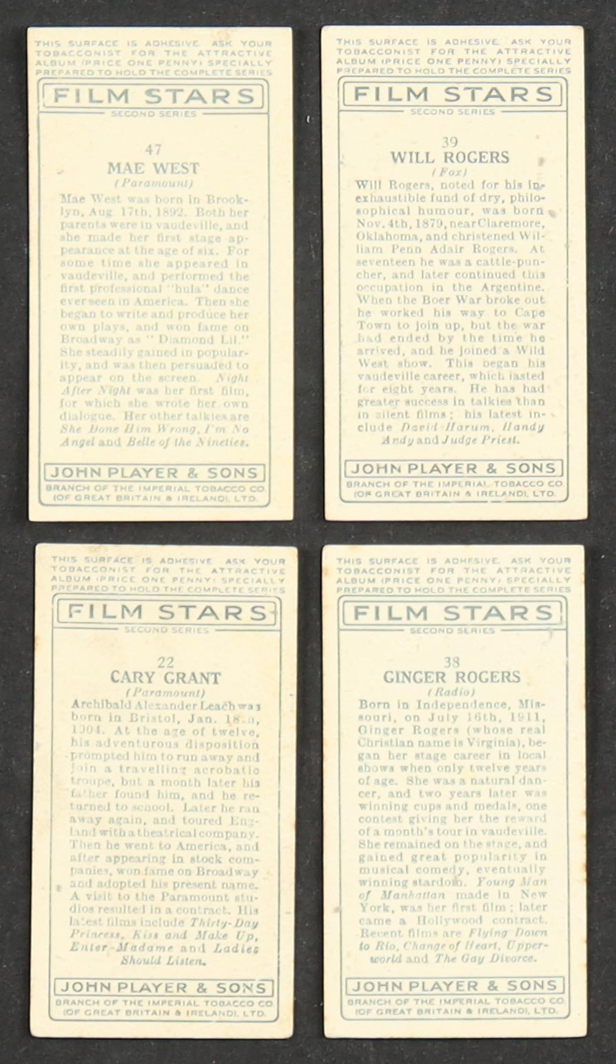 1934 Player's Cigarettes Famous Film Stars Complete Trading Card Set ...