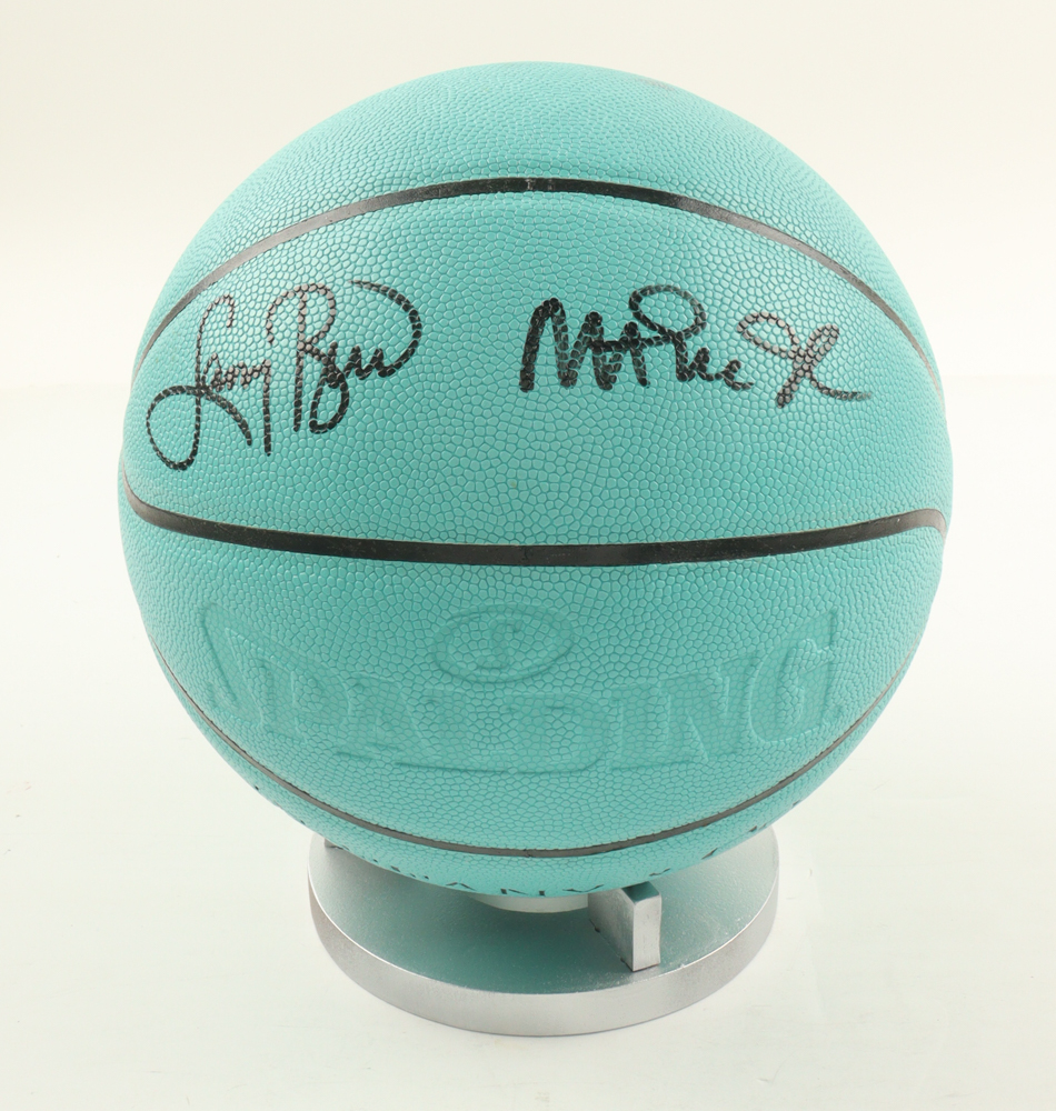 Larry Bird & Magic Johnson Signed Tiffany & Co. x Spalding Basketball with All Wood Stand ...