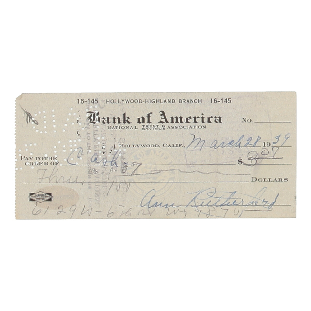 Ann Rutherford Signed 1939 Bank of America Personal Check (ACOA ...
