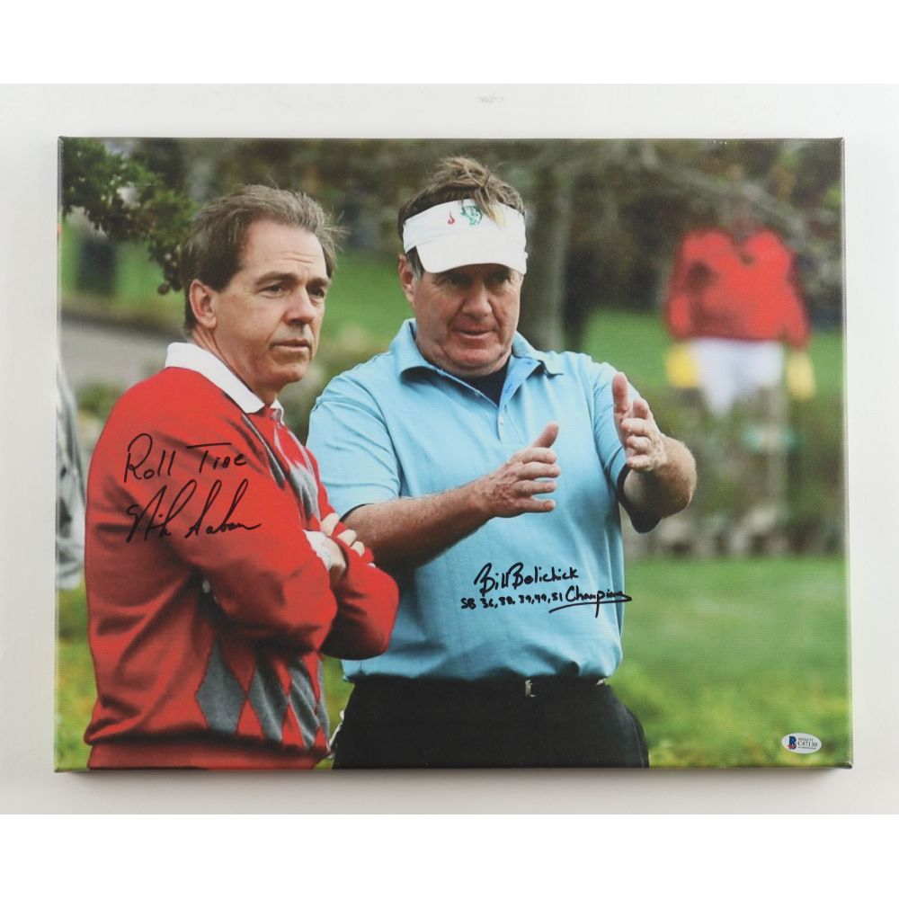 Nick Saban & Bill Belichick Signed Canvas Panel Inscribed "Roll Tide ...