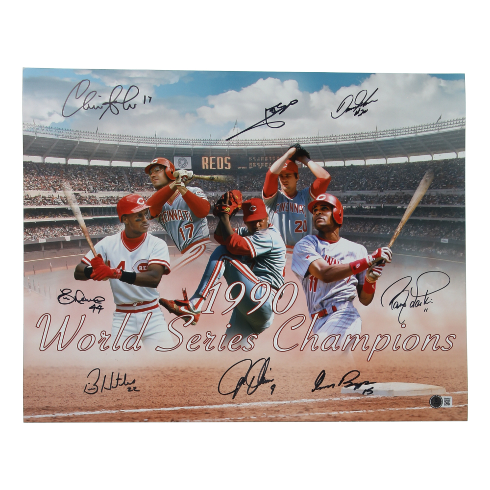 1990 Reds World Series Champions 16x20 Photo Signed By (8) with Barry Larkin, Jose Rijo, Chris ...