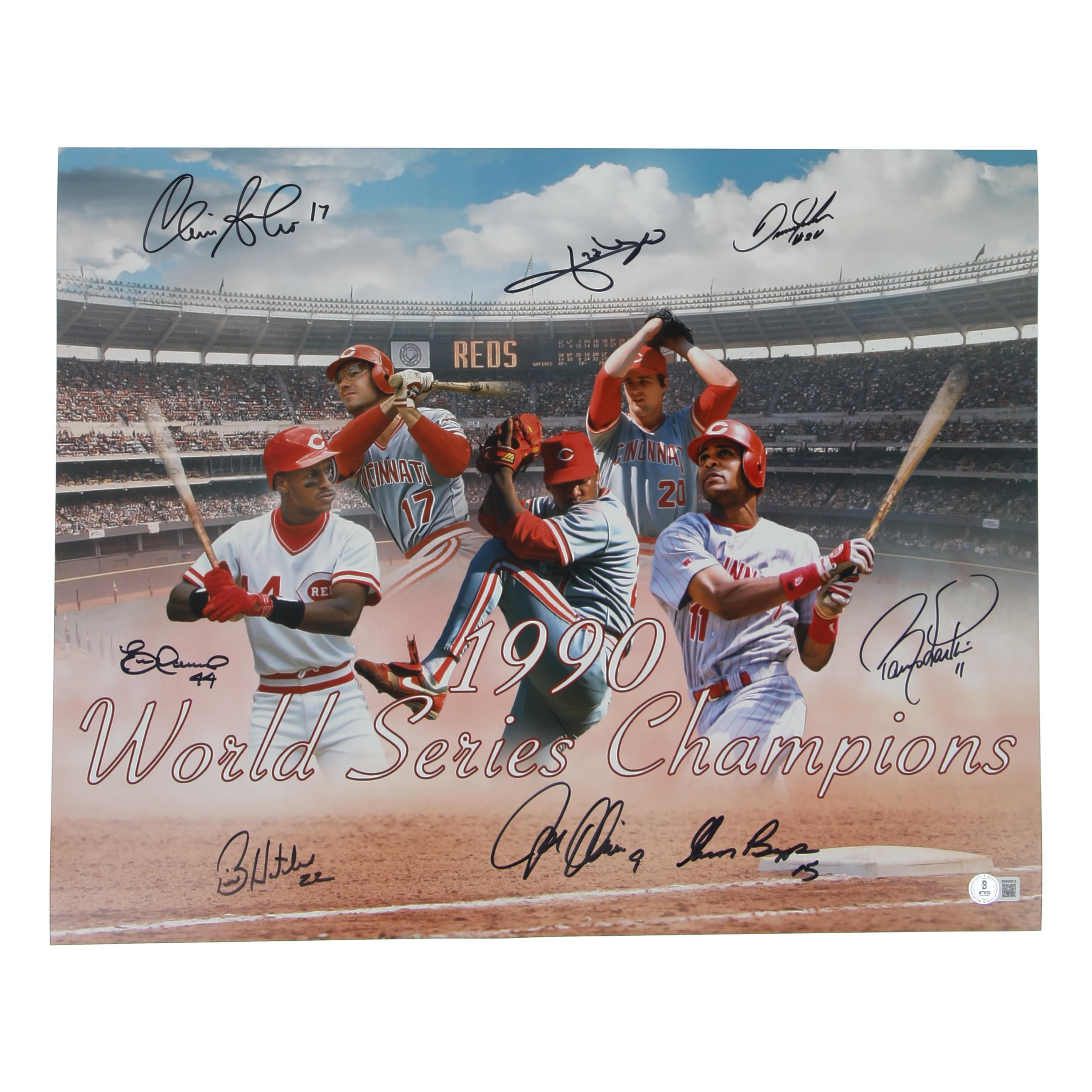 1990 Reds World Series Champions 16x20 Photo Signed By (8) with Barry Larkin, Jose Rijo, Chris ...