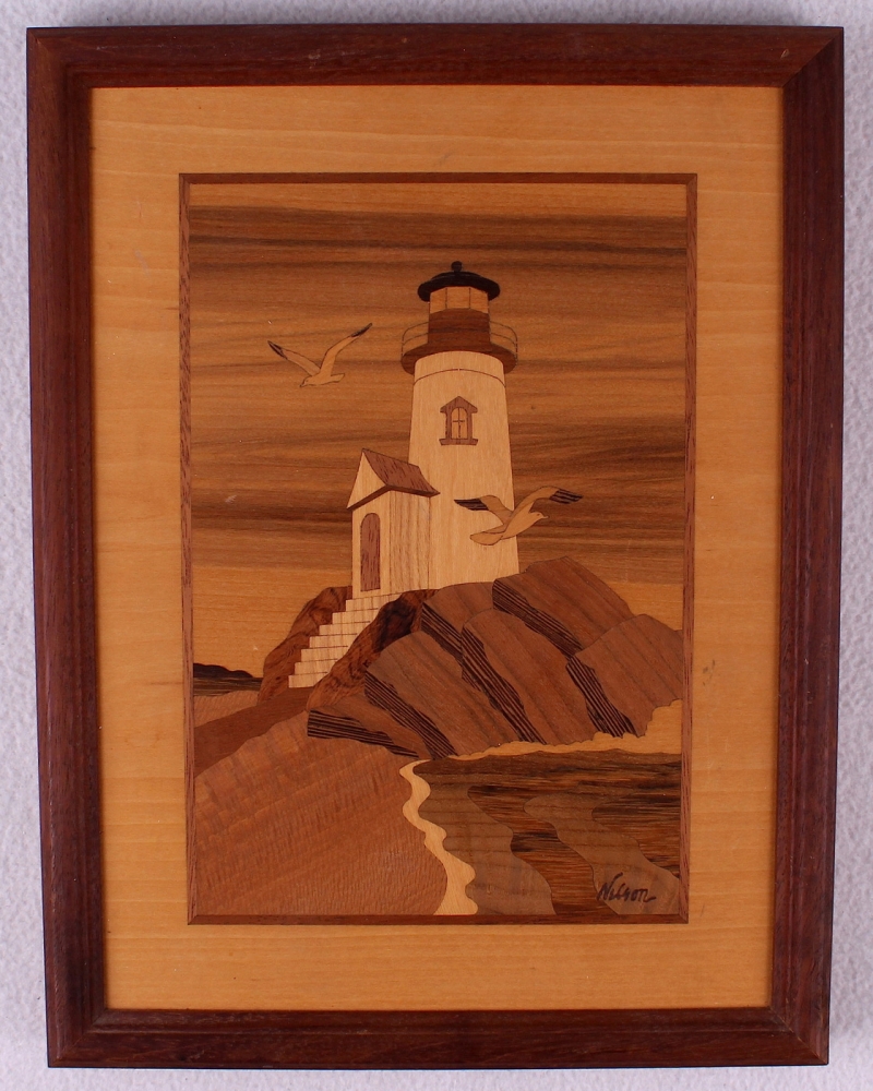 "Lighthouse Rock" 10x13 Custom Framed Wooden Marquetry Inlay Plaque ...