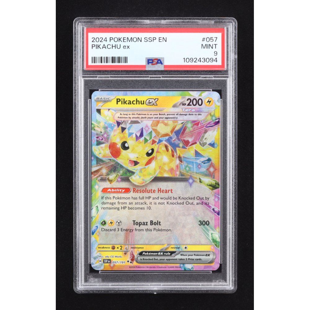 Pikachu ex 2024 Pokemon Scarlet and Violet Surging Sparks #057 (PSA 9) | Pristine Auction