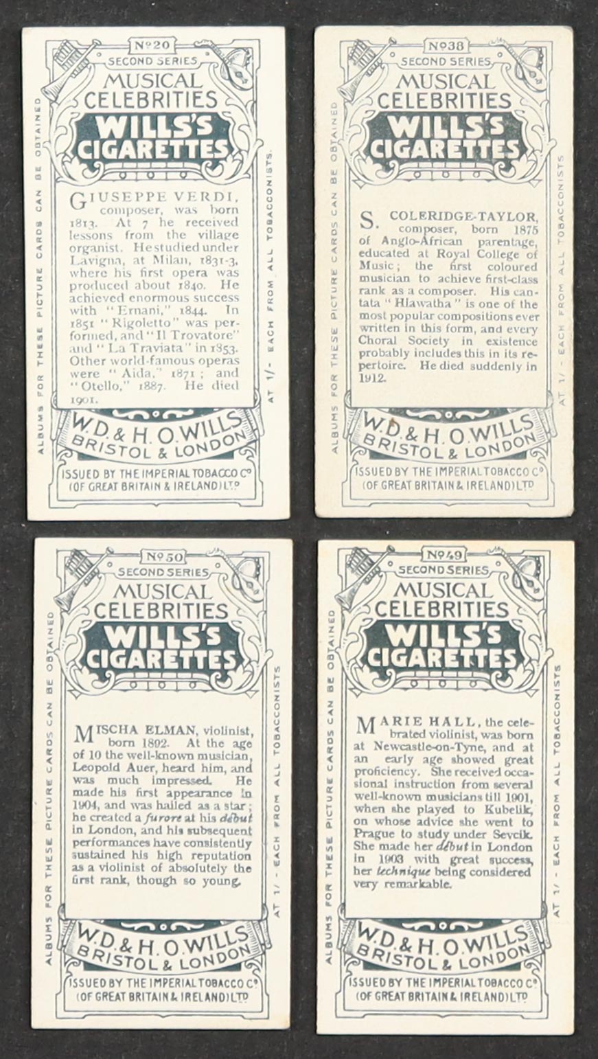 1914 Will's Musical Celebrities Complete Set of (50) Cigarette Cards ...