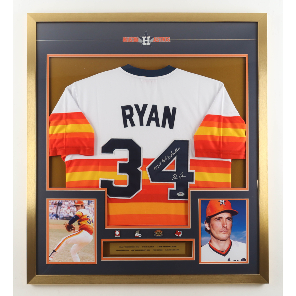 Nolan Ryan Signed Custom Framed Jersey Display with (4) Statistics Pins ...