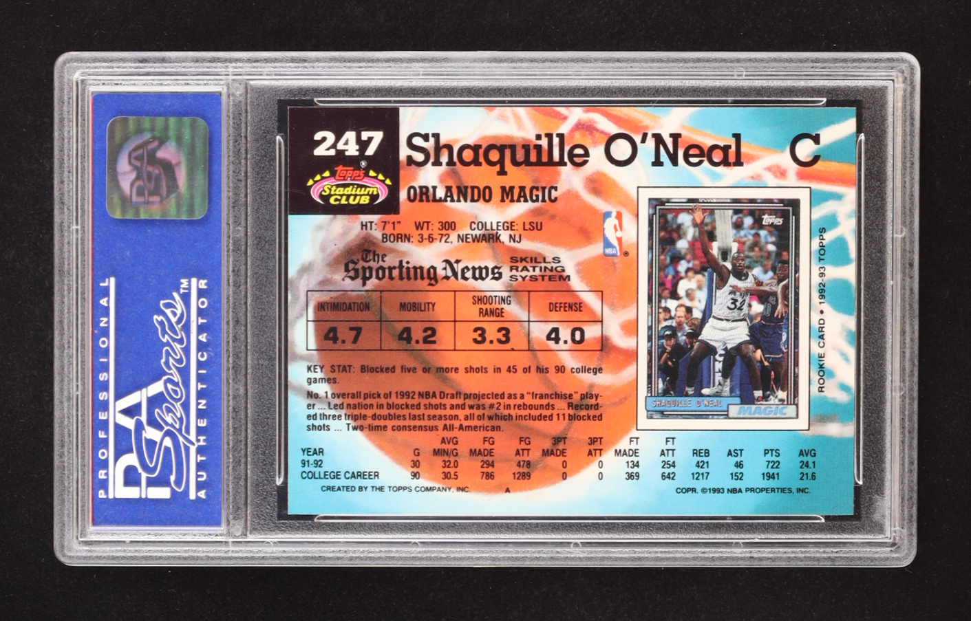 Shaquille O'Neal 1992-93 Stadium Club #247 RC (PSA 9) | Pristine Auction