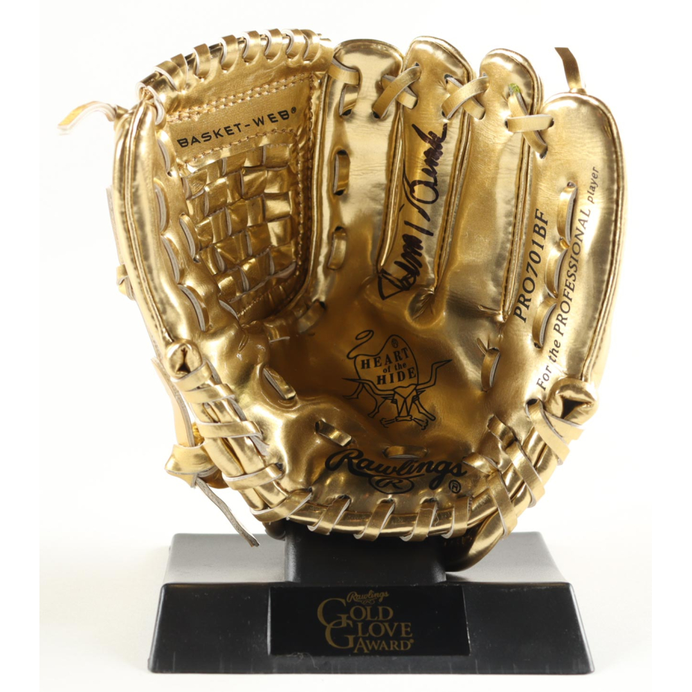 Johnny Bench Signed Rawlings Mini Golden Glove With Display Stand ...