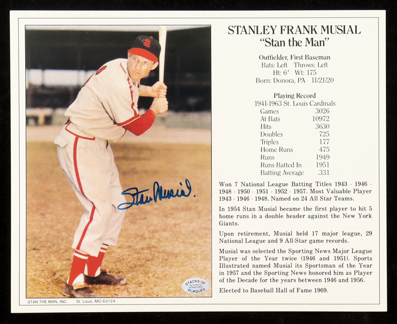 Stan Musial Signed Cardinals 8x10 Photo (Stacks of Plaques) | Pristine ...
